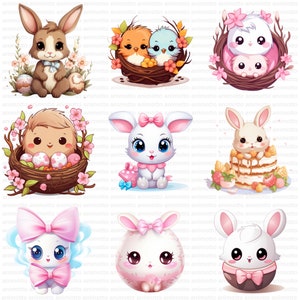 Watercolor Kawaii Easter Clipart Bundle, Cute Colorful Bunny Clipart ...