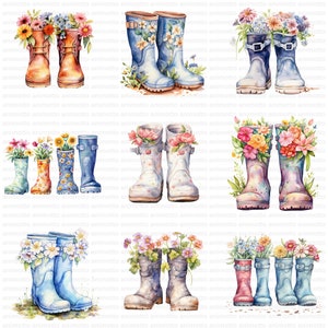 Watercolor Floral Garden Boots Clipart Bundle, Spring Floral Clipart ...