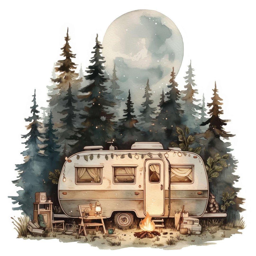 14 Camping Van Clipart Set, Printable Watercolor Camping Clipart, High ...