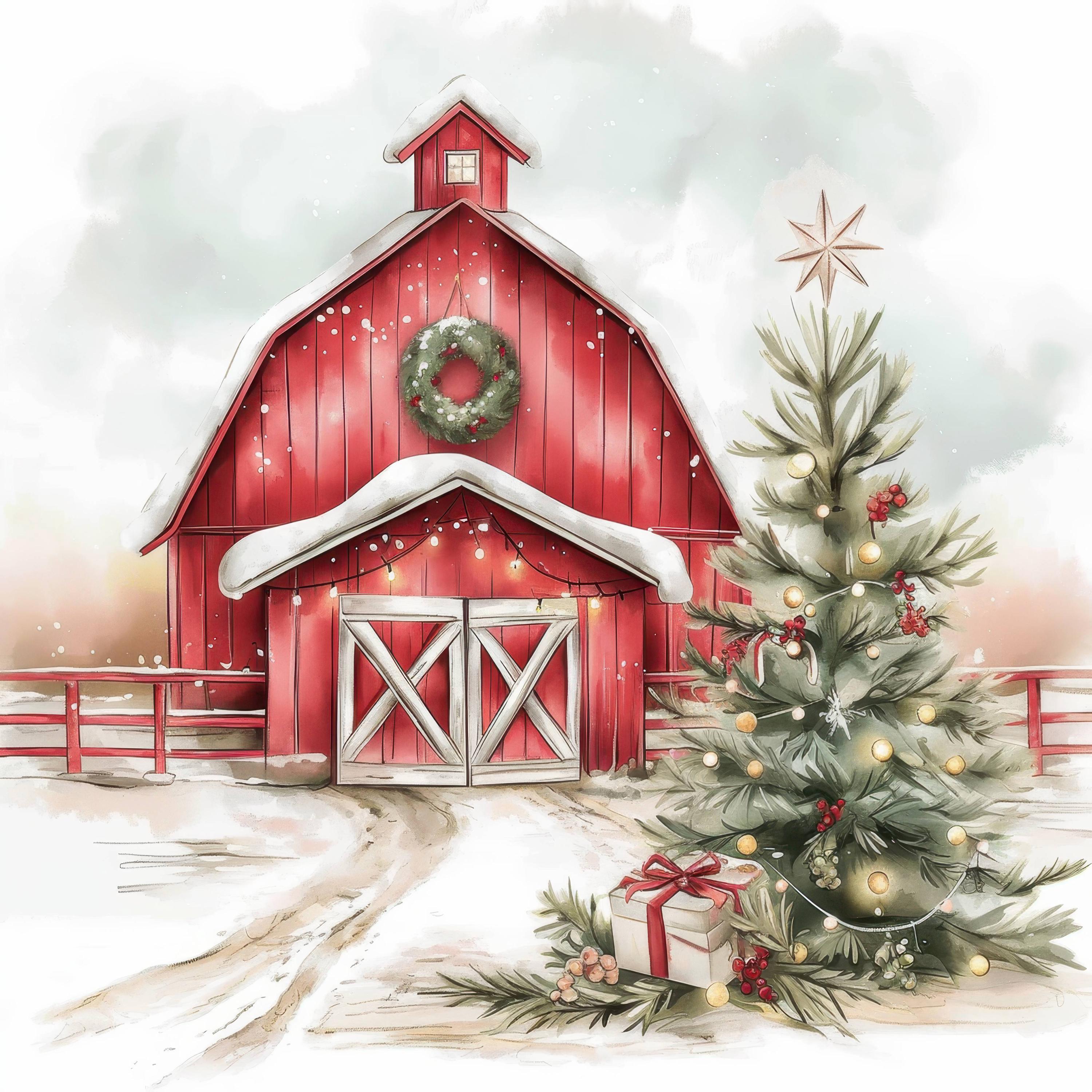 10 Christmas Red Barn Clipart Bundle, Festive Farm Illustrations ...