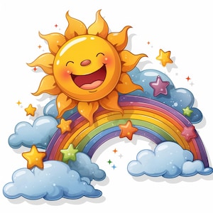 10 Cartoon Sun and Rainbow Clipart Bundle, Nursery Illustrations ...