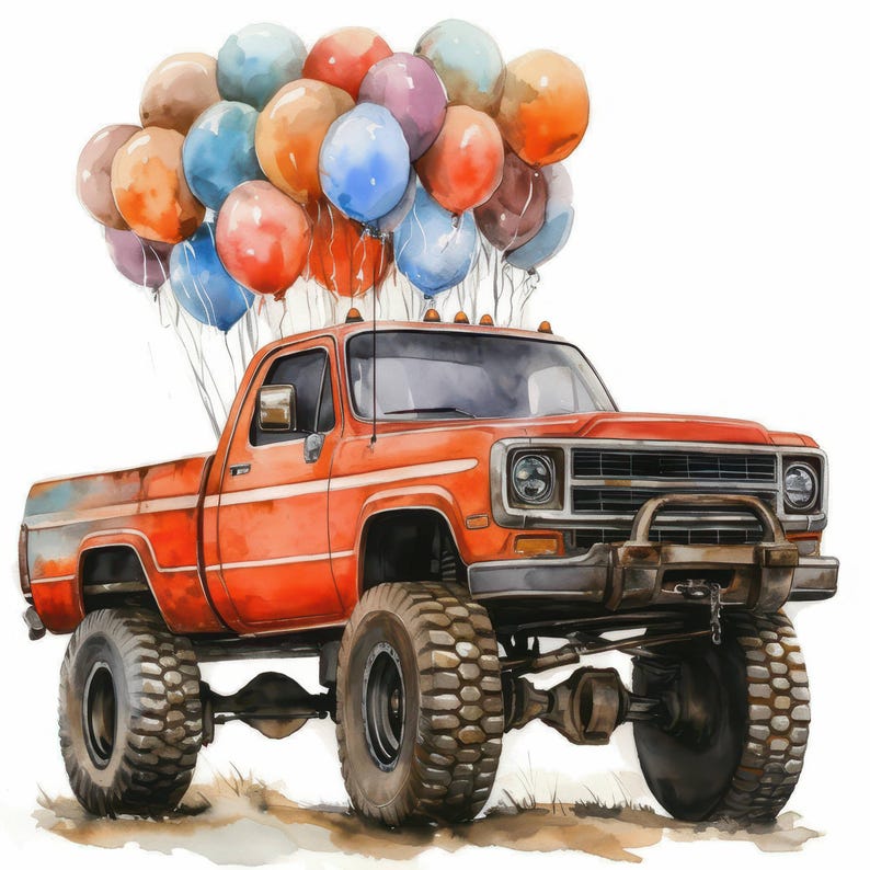 10 Festive Monster Trucks Clipart Bundle, Printable Watercolor Balloons ...