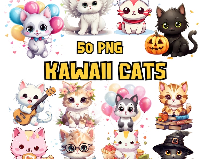 Kawaii Cats Clipart Bundle, 34 PNG JPG Cute Cats Clipart, Transparent ...