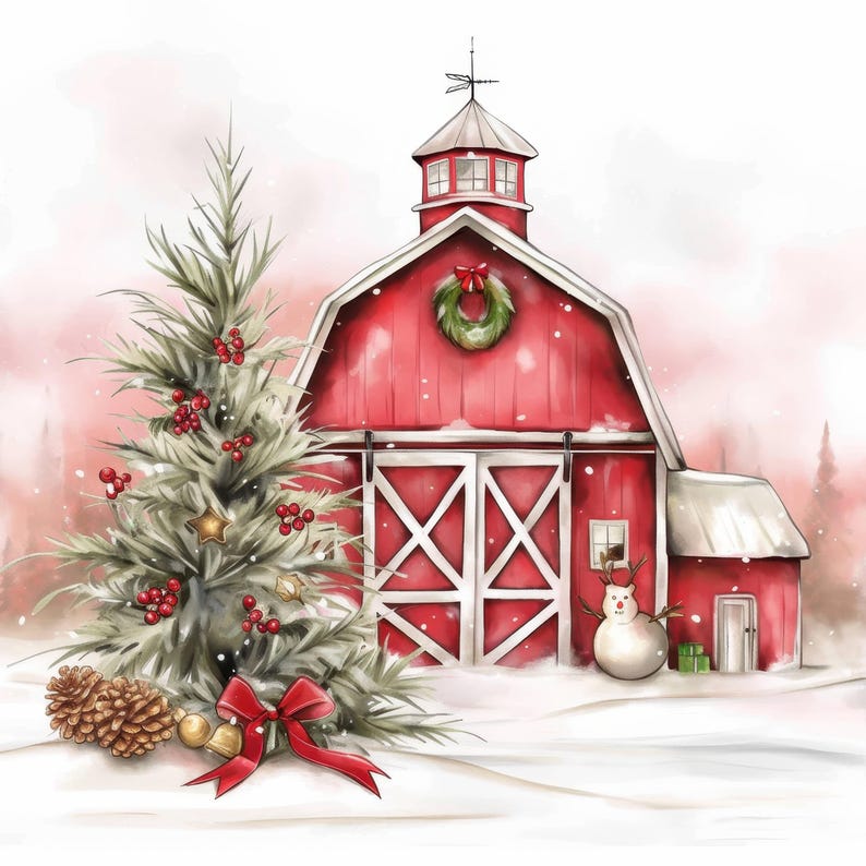 10 Christmas Red Barn Clipart Bundle, Festive Farm Illustrations ...
