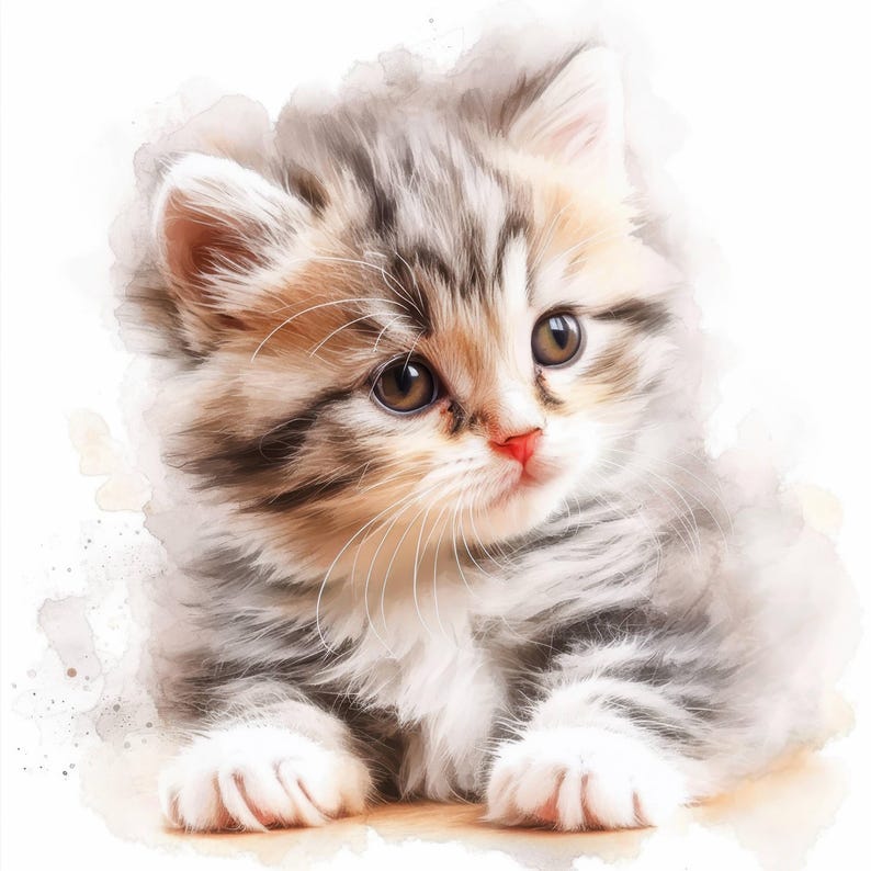 12 Fluffy Kitten Clipart Bundle, Cute Cat Prints Illustrations ...