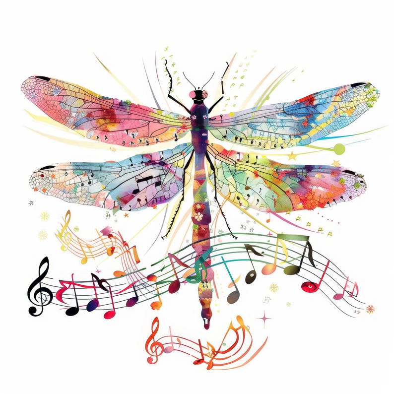 13 Dragonfly Music Notes Clipart Image Bundle, Printable Watercolor ...