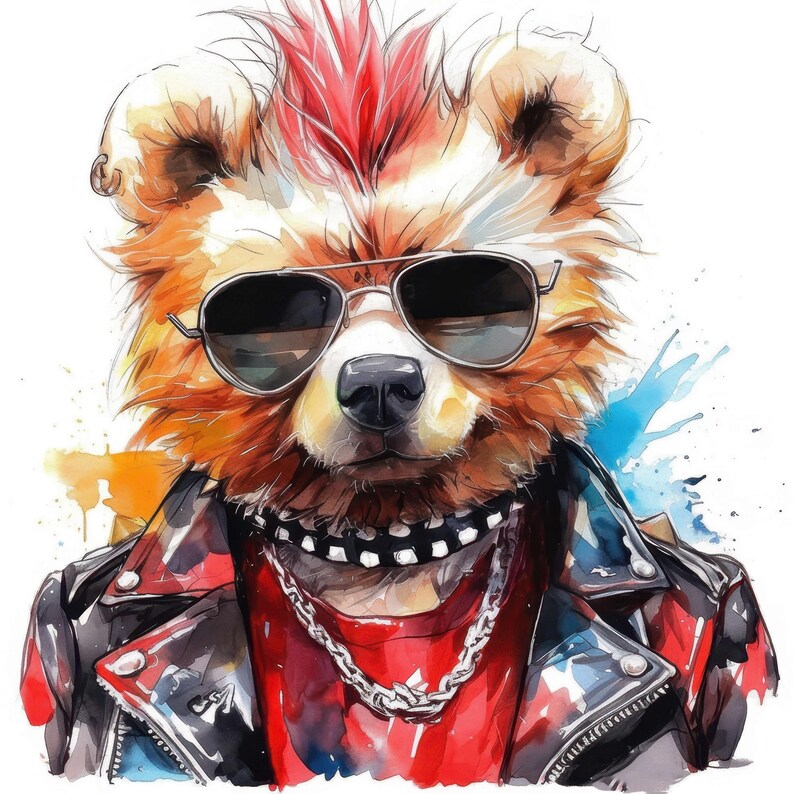 20 Bear Punk Clipart Set, Printable Watercolor Punk Rock Prints ...