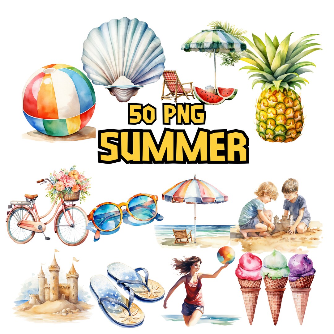 Watercolor Summer Clipart Bundle, Summer Clipart Set, Beach PNG, Sun ...