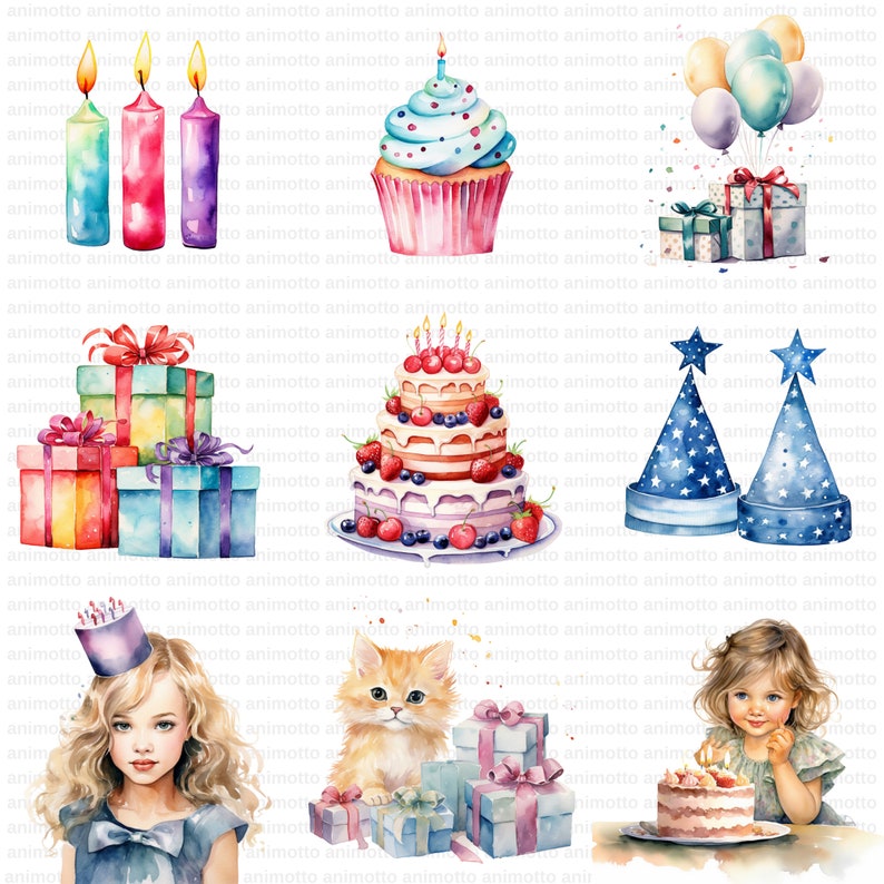 Watercolor Birthday Clipart Bundle, Birthday Cake Clipart Set, Colorful ...