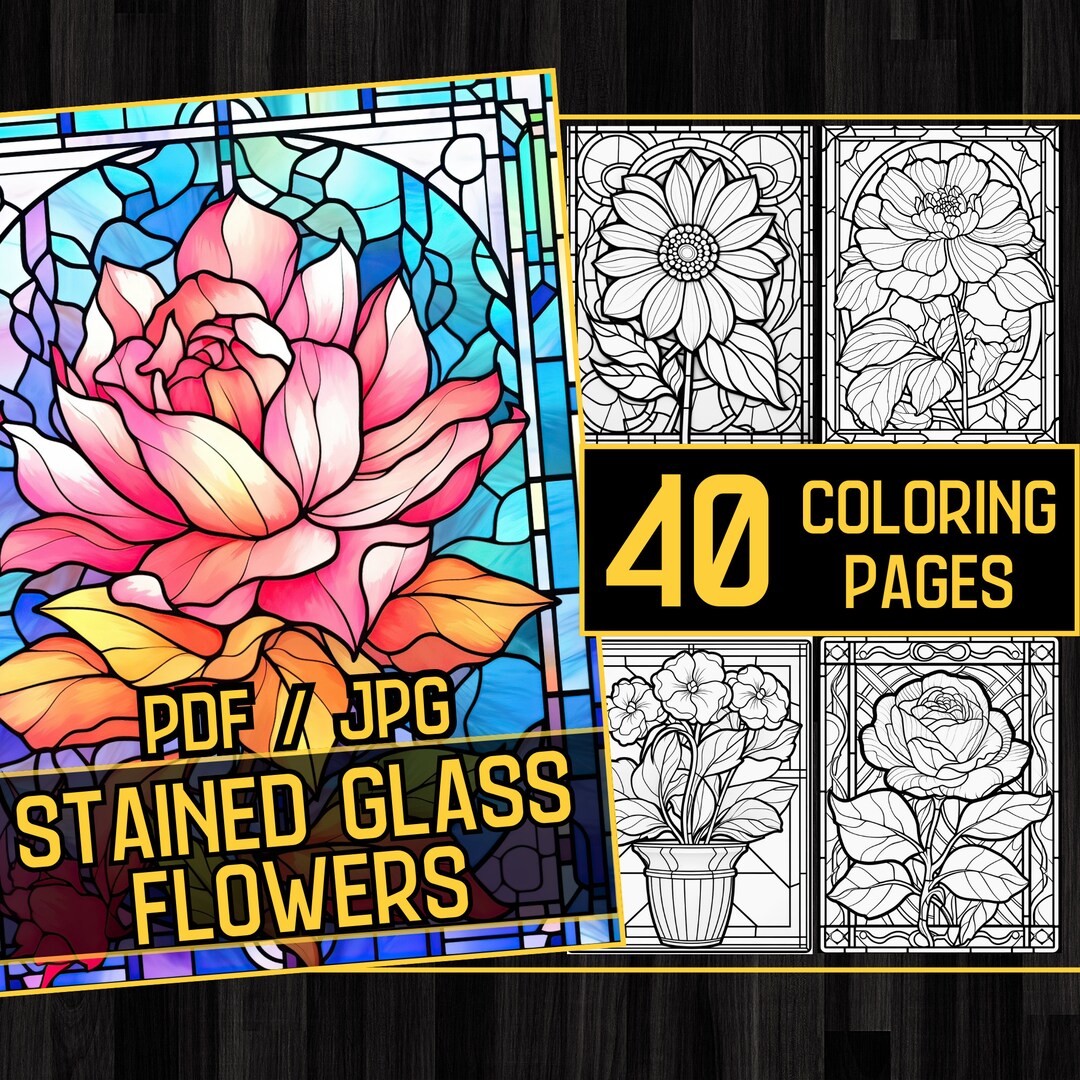Stained Glass Flowers 40 Coloring Page Book, Grayscale Stained Glass ...