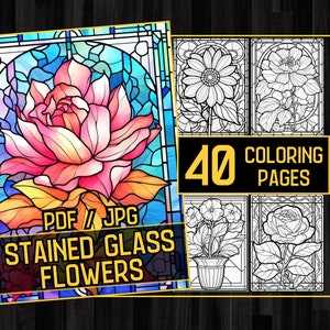 Stained Glass Flowers 40 Coloring Page Book, Grayscale Stained Glass ...