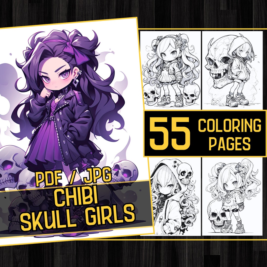 Chibi Anime Skull Girls Adult Coloring Book 55 Bone Coloring Pages ...