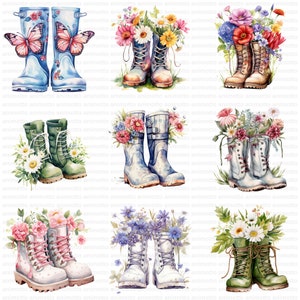 Watercolor Floral Garden Boots Clipart Bundle, Spring Floral Clipart ...