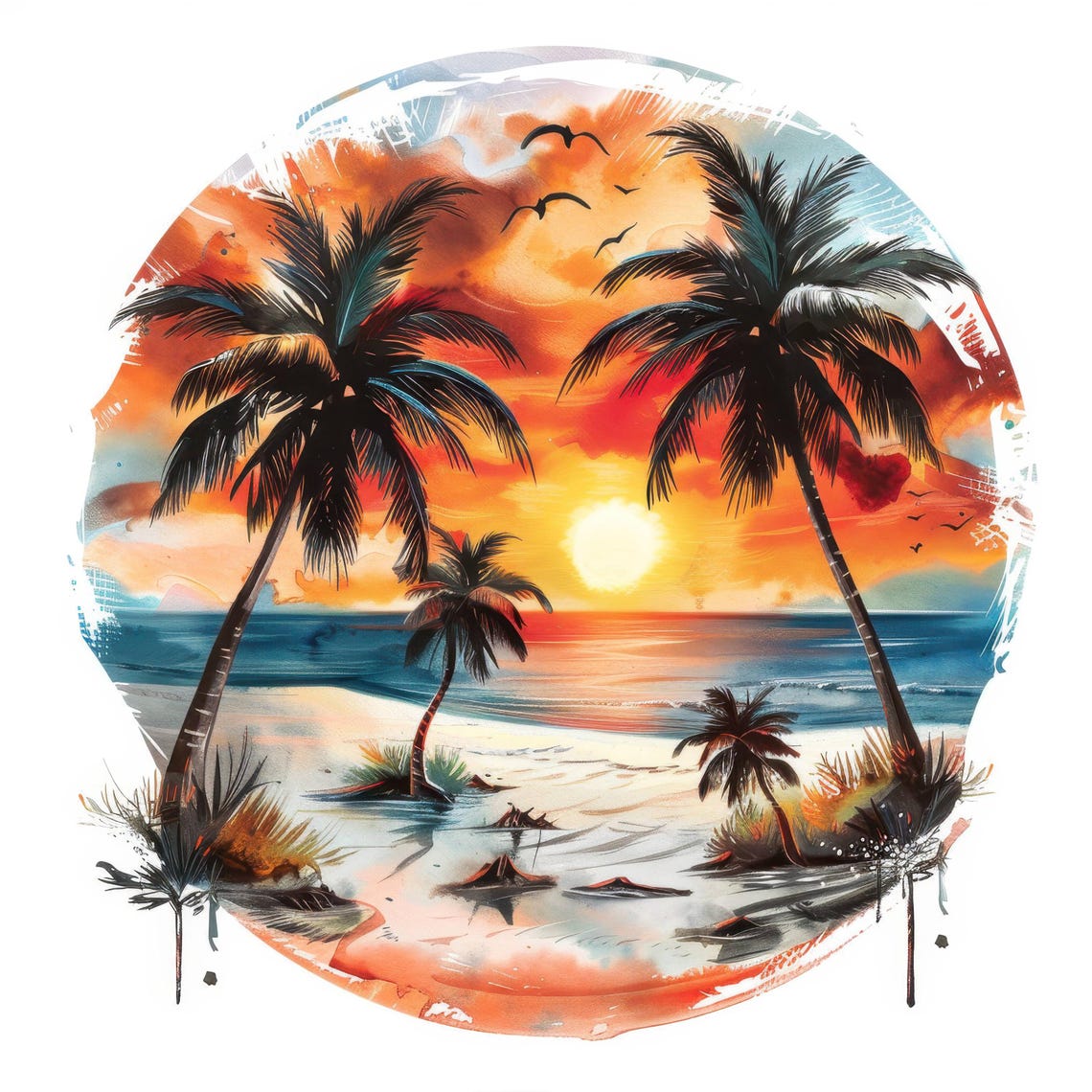 15 Tropical Sunset Circle Clipart Illustration Bundle, Printable ...