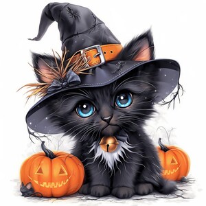 15 Cute Halloween Black Cats Printable Watercolor Clipart , Halloween ...