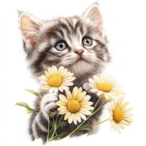 26 Kitten With Daisies Clipart Bundle, Printable Watercolor Floral Cat ...