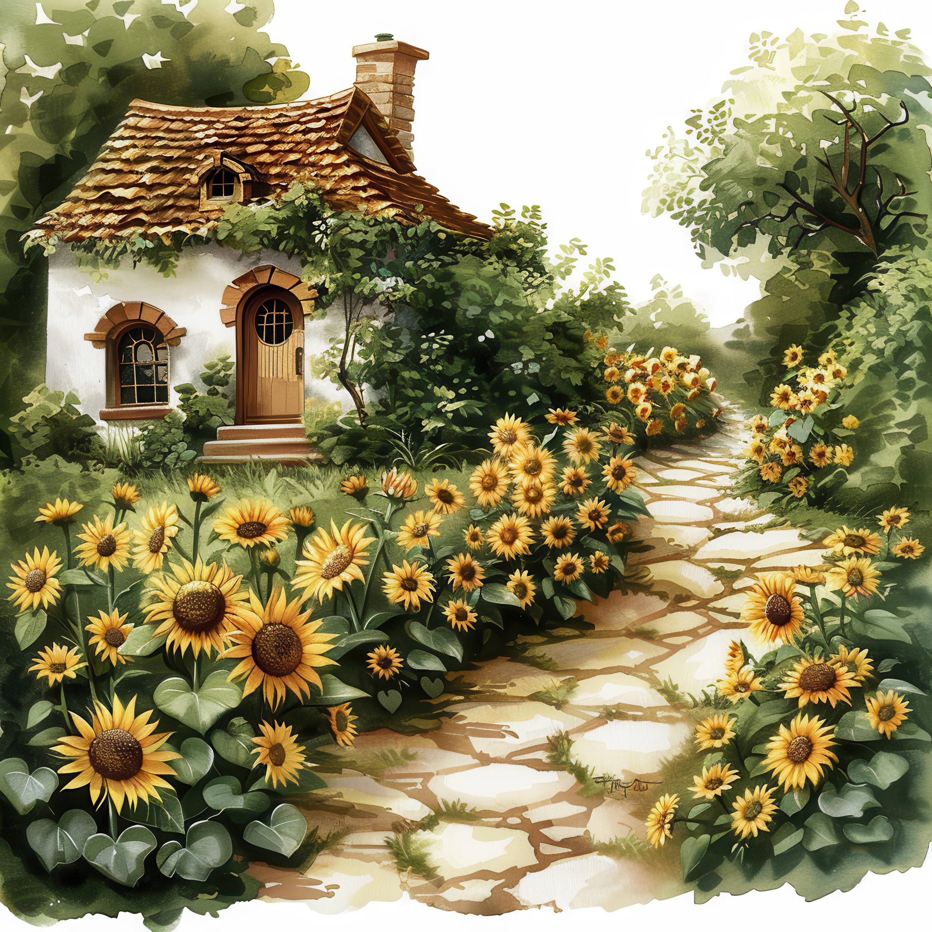 18 Sunflower Pathway Clipart Illustration Bundle, Printable Watercolor ...