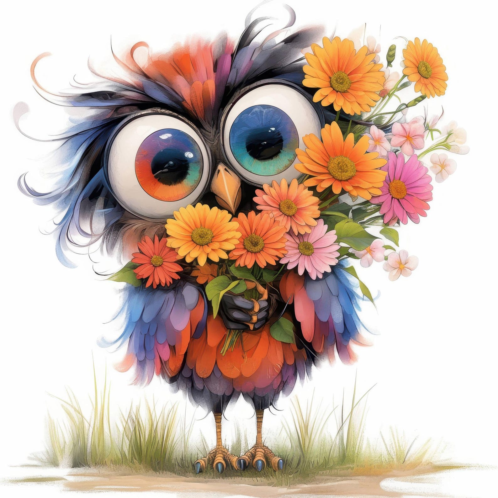 15 Funny Birds With Flowers Clipart Bundle, Quirky Bird Illustration ...