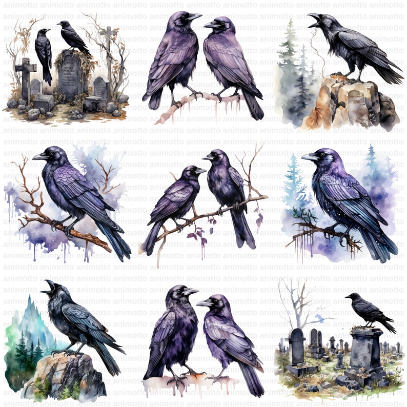 Watercolor Ravens Clipart Bundle, Black Bird, Gothic Animal, Dark and ...