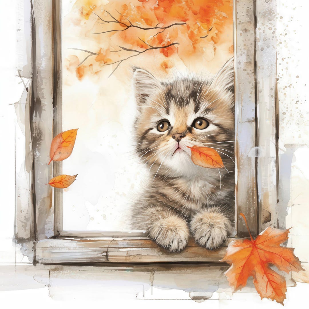14 Autumn Cat Clipart Bundle, Fall Kitten Illustration, Printable ...