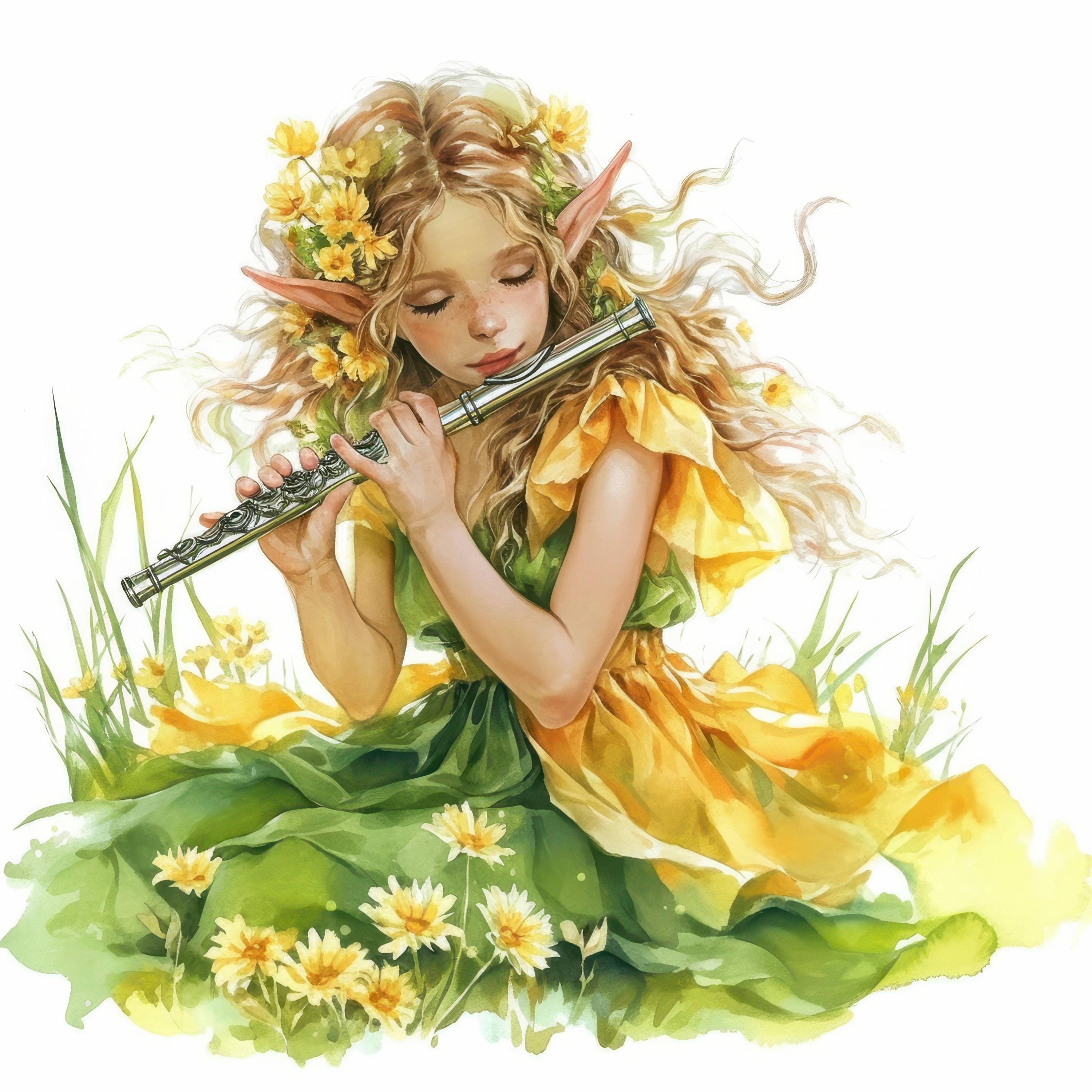 12 Funny Elf Clipart Bundle, Elf Playing Flute Illustrations, Printable ...