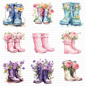 Watercolor Floral Garden Boots Clipart Bundle, Spring Floral Clipart ...