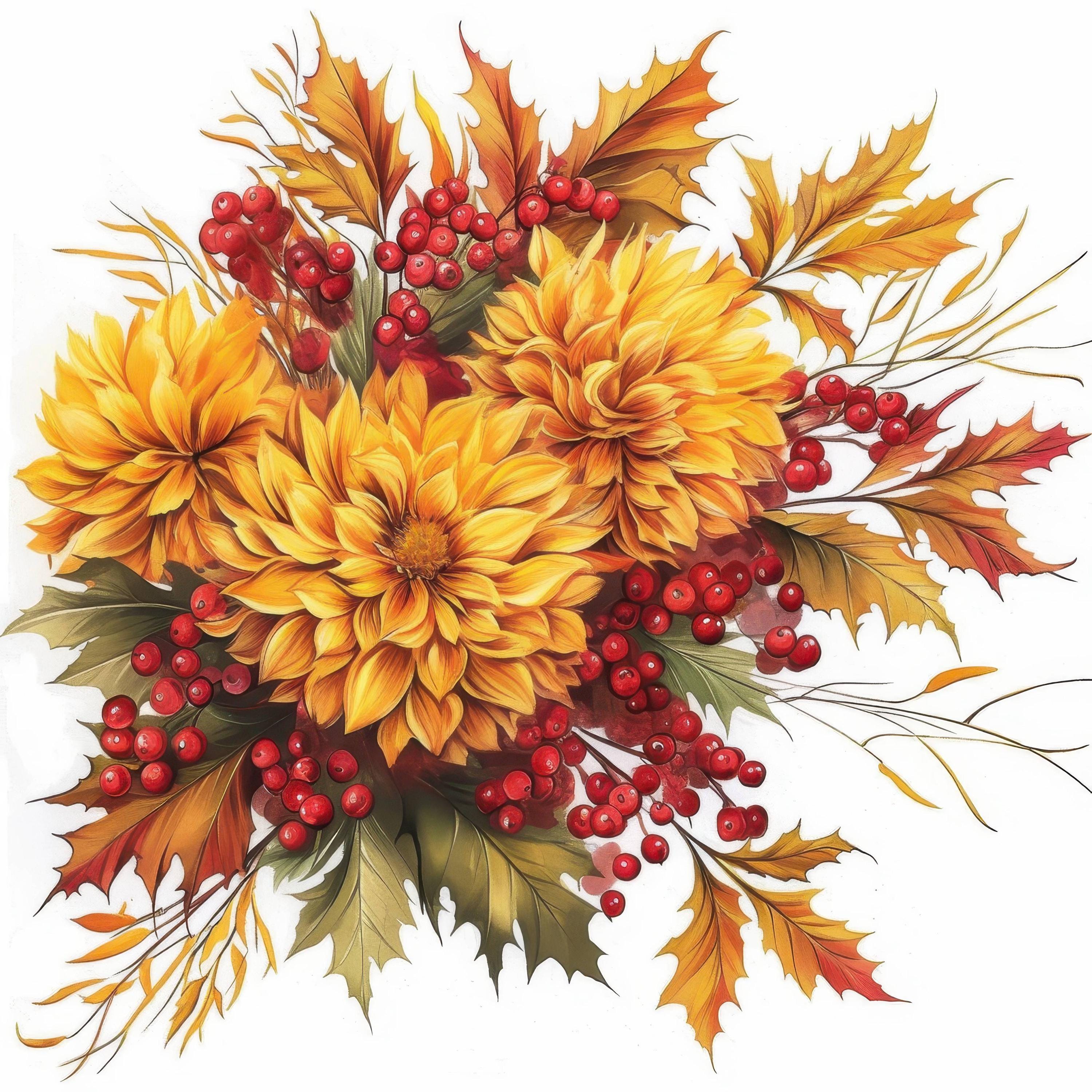 12 Floral Autumn Clipart Bundle, Fall Flowers Illustrations, Printable ...