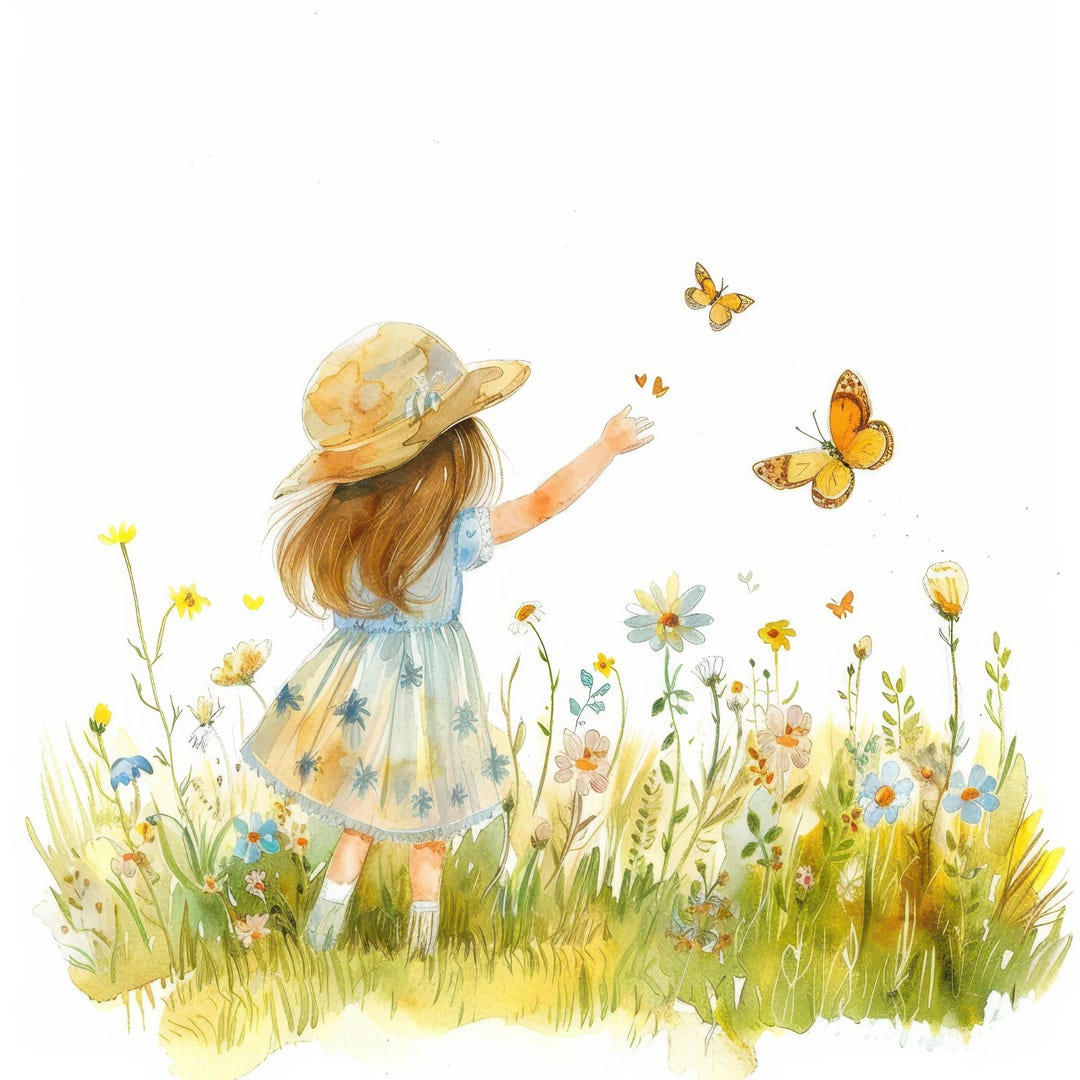 18 Cute Girl Catch Butterfly Clipart Bundle Set, Printable Watercolor ...