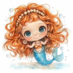 8 Ginger Mermaids Clipart Bundle, Printable Watercolor Cute Mermaid ...
