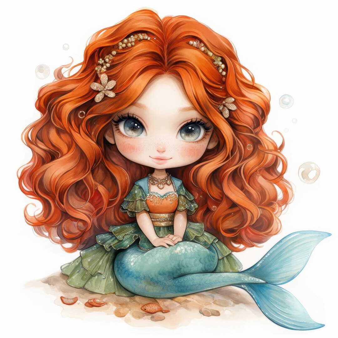 8 Ginger Mermaids Clipart Bundle, Printable Watercolor Cute Mermaid ...