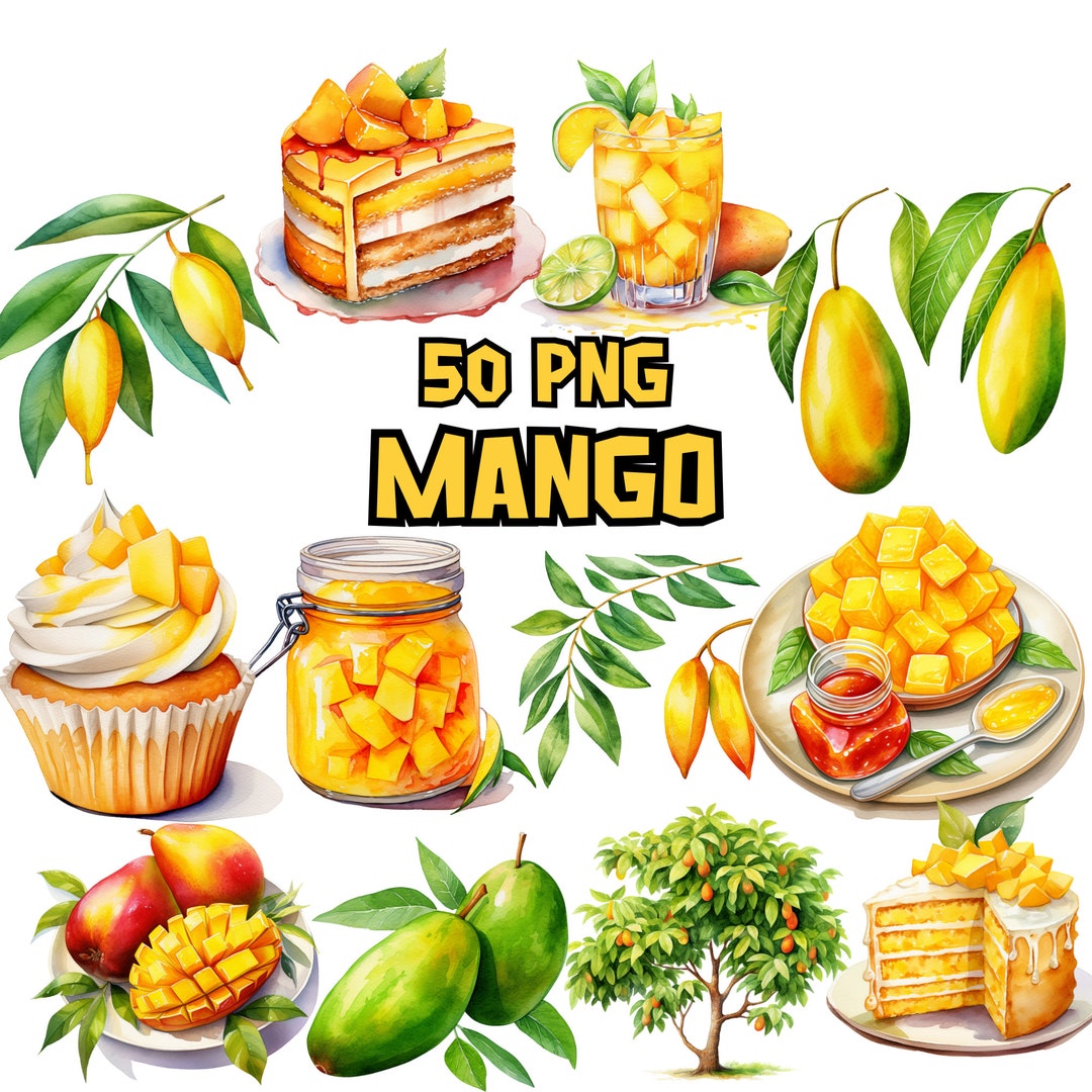 Watercolor Mango Clipart Bundle, Painted Mango Clipart Set, Ripe Mango ...