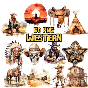 Watercolor Western Clipart Bundle, Wild West PNG Graphics, Cowboy Boots ...