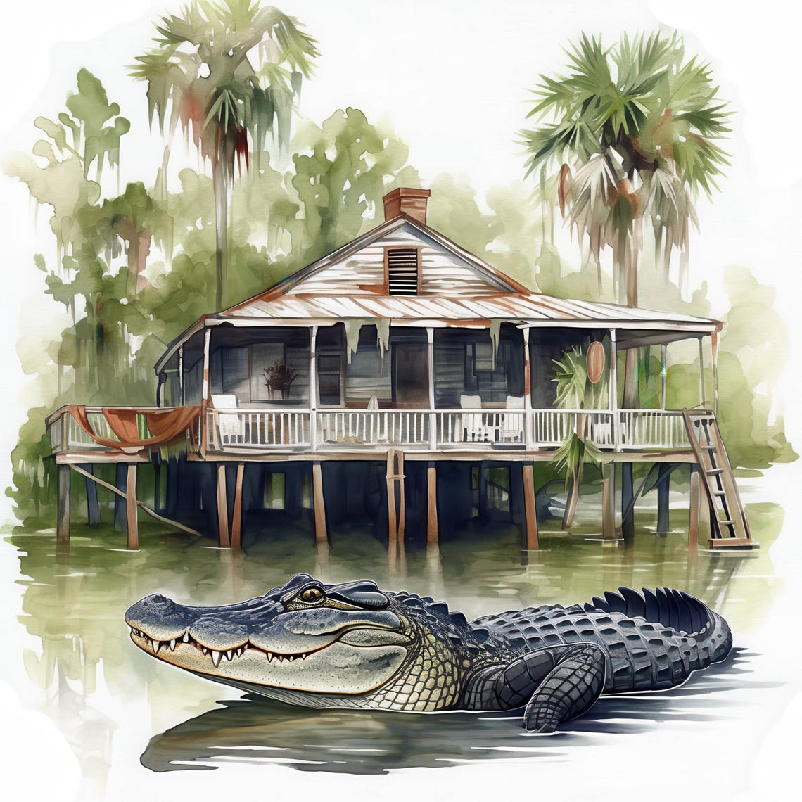 10 Old Shack on Bayou Clipart Bundle, Swamp Landscape Illustration ...