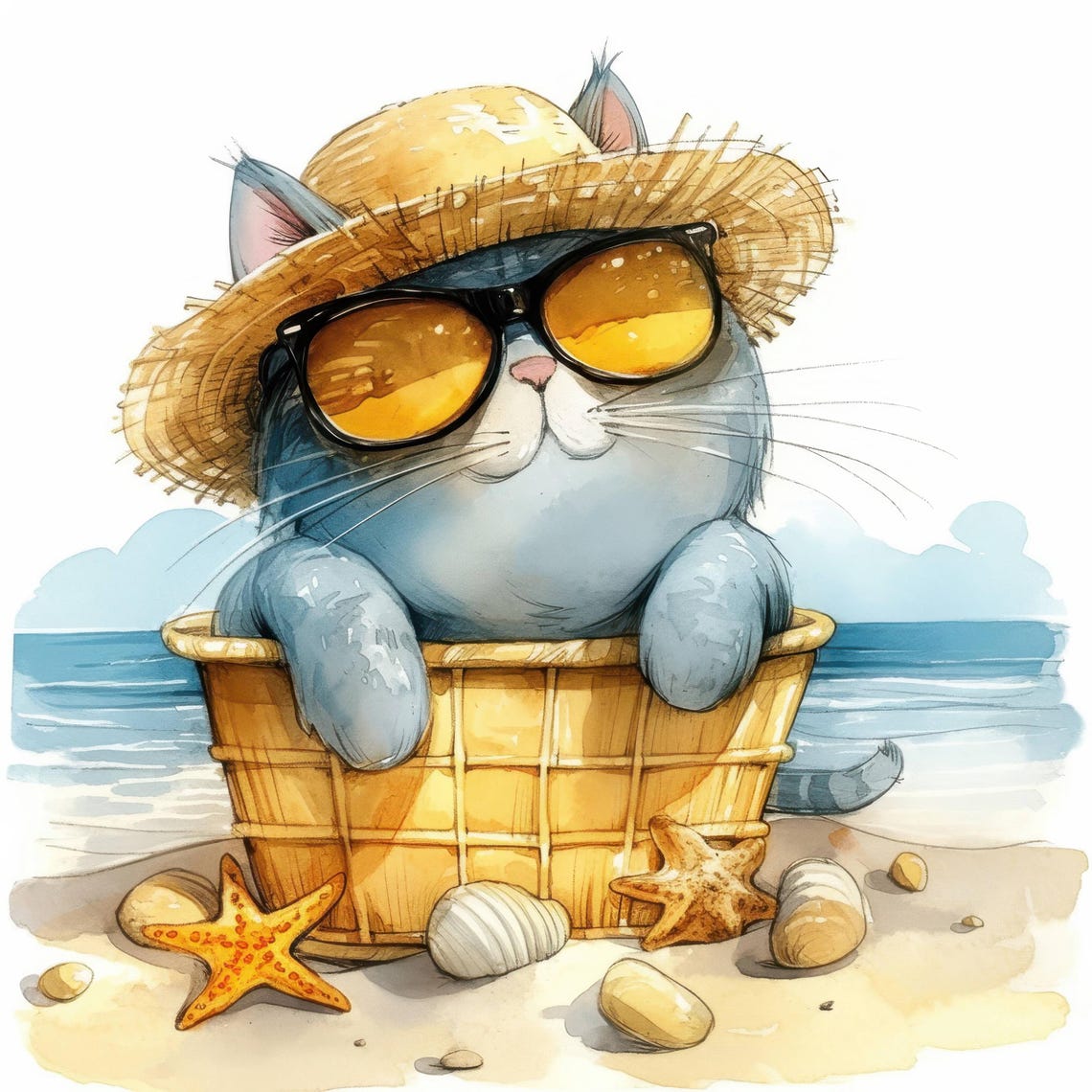 10 Summer Cats Clipart Bundle, Printable Watercolor Summer Kitten ...
