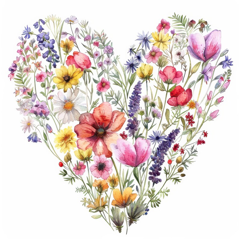 13 Floral Heart Clipart Bundle, Wildflower Heart Illustrations, Digital ...