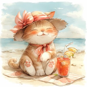 10 Kitten on Summer Vacation Clipart Bundle, Printable Watercolor ...
