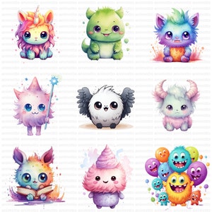 Watercolor Kawaii Monsters Clipart Bundle, Playful and Funny Character ...