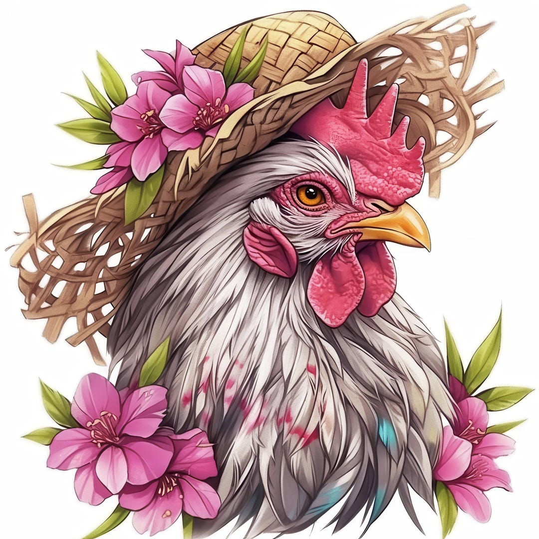 10 Summer Chicken Clipart Bundle, Chicken With Straw Hat Images ...
