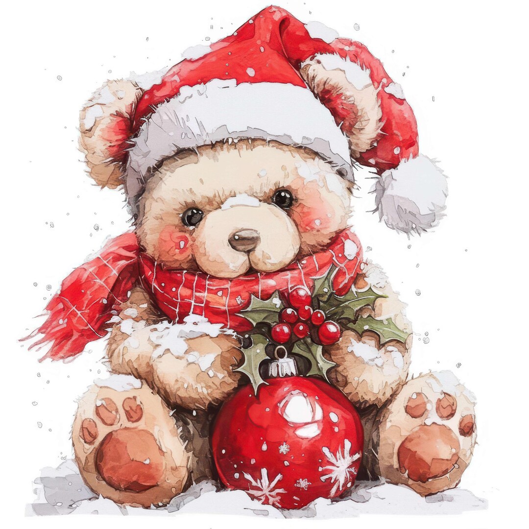 16 Christmas Teddy Bear Clipart Set, Printable Watercolor Nursery ...