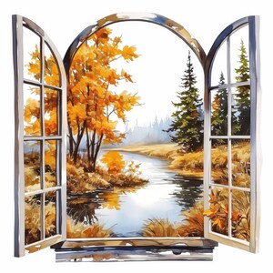 11 Charming Fall Windows Clipart Bundle, Printable Watercolor Autumn ...