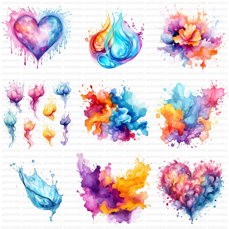 Watercolor Splashes Clipart Bundle, Rainbow Splash Clipart Set, Ink ...