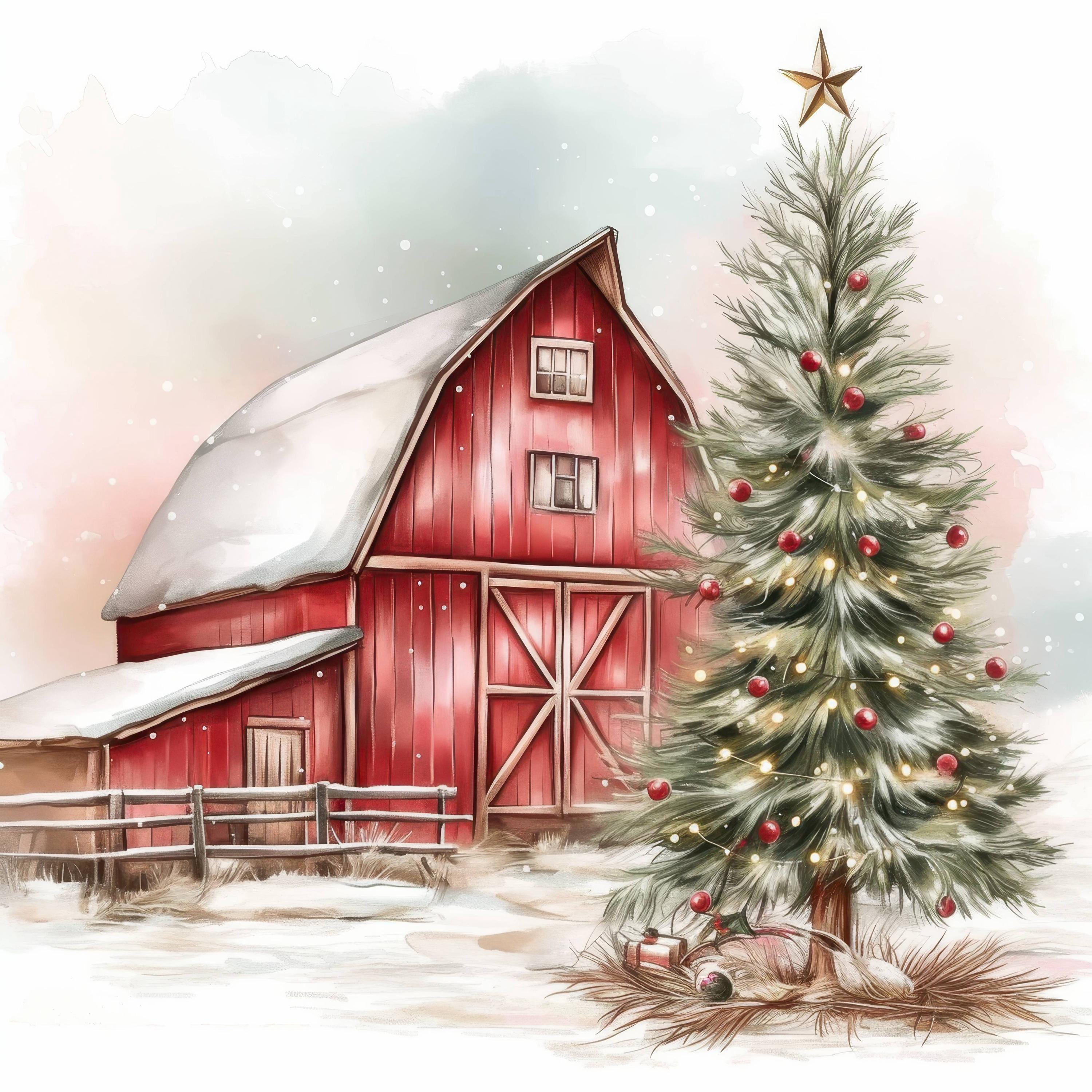 10 Christmas Red Barn Clipart Bundle, Festive Farm Illustrations ...