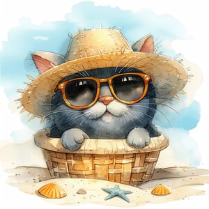 10 Summer Cats Clipart Bundle, Printable Watercolor Summer Kitten ...