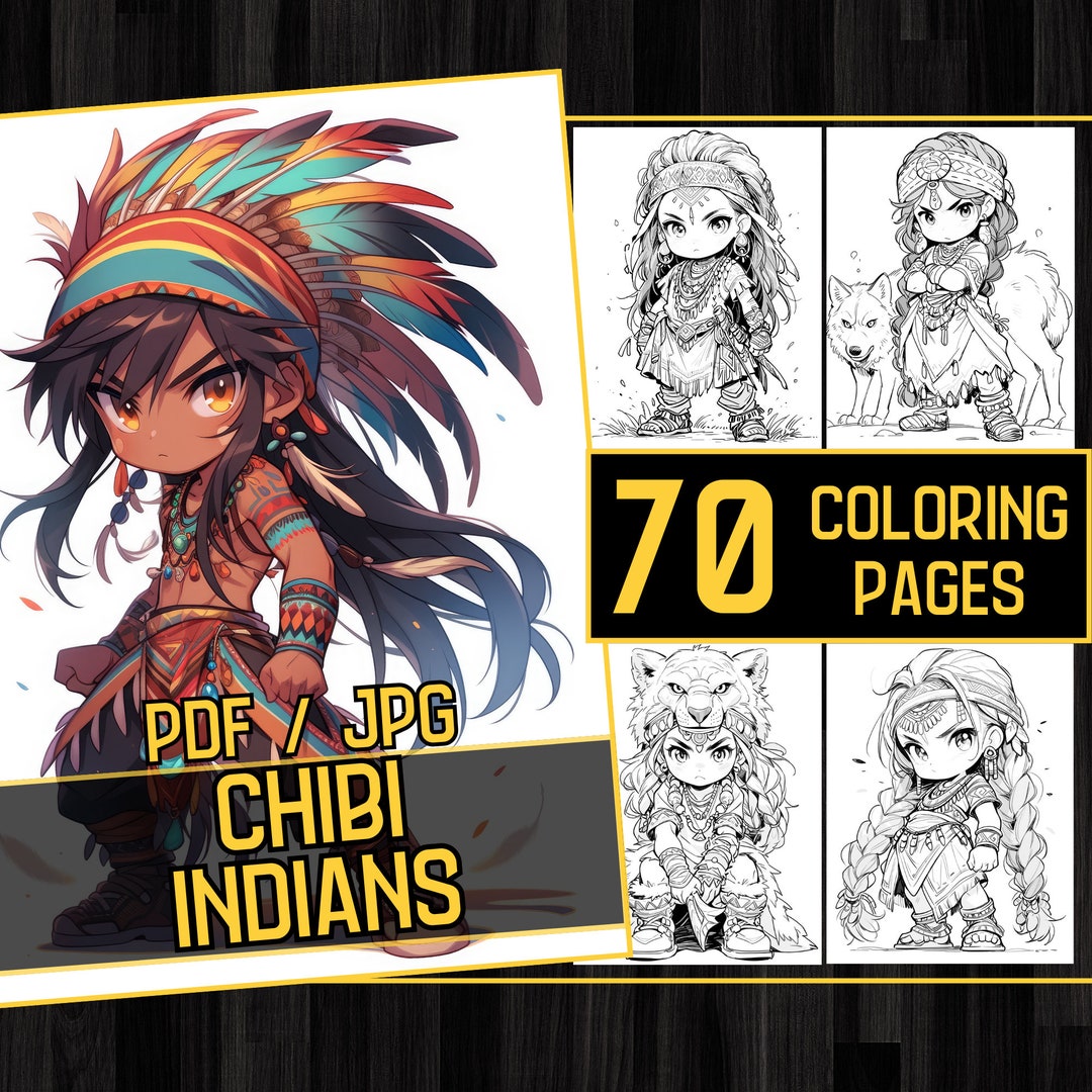 Chibi Indians Anime Adult Coloring Book 70 Native American Coloring ...