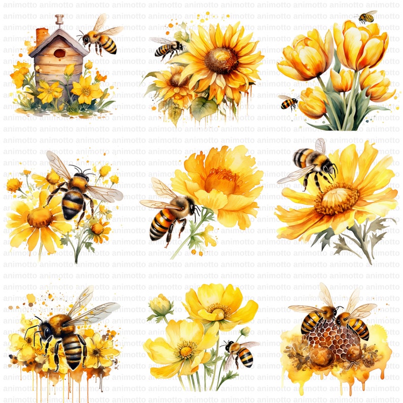 Watercolor Honey Bee Clipart | Spring Garden Bee Clipart | Honey Drips ...