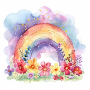 10 Watercolor Rainbow and Flowers Clipart Bundle Set, Rainbow and ...