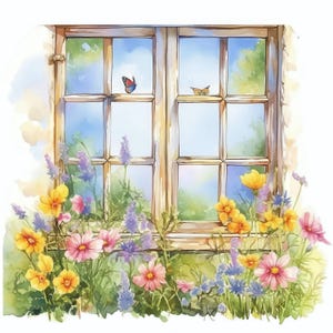22 Window Spring View Clipart Bundle, Printable Watercolor Overlooking ...