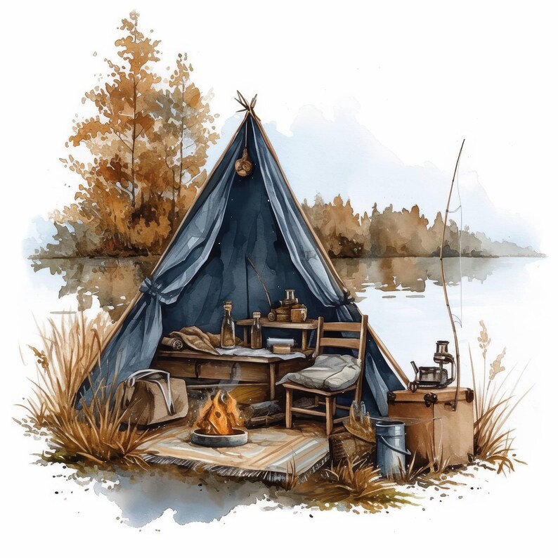 11 Fishing Tent Clipart Bundle, Lakeside Fishing Illustrations ...