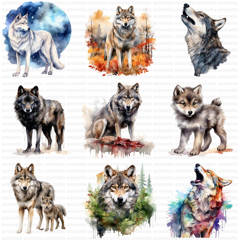 Watercolor Wolves Clipart Bundle, Cute Wolf PNG Graphics, Woodland ...