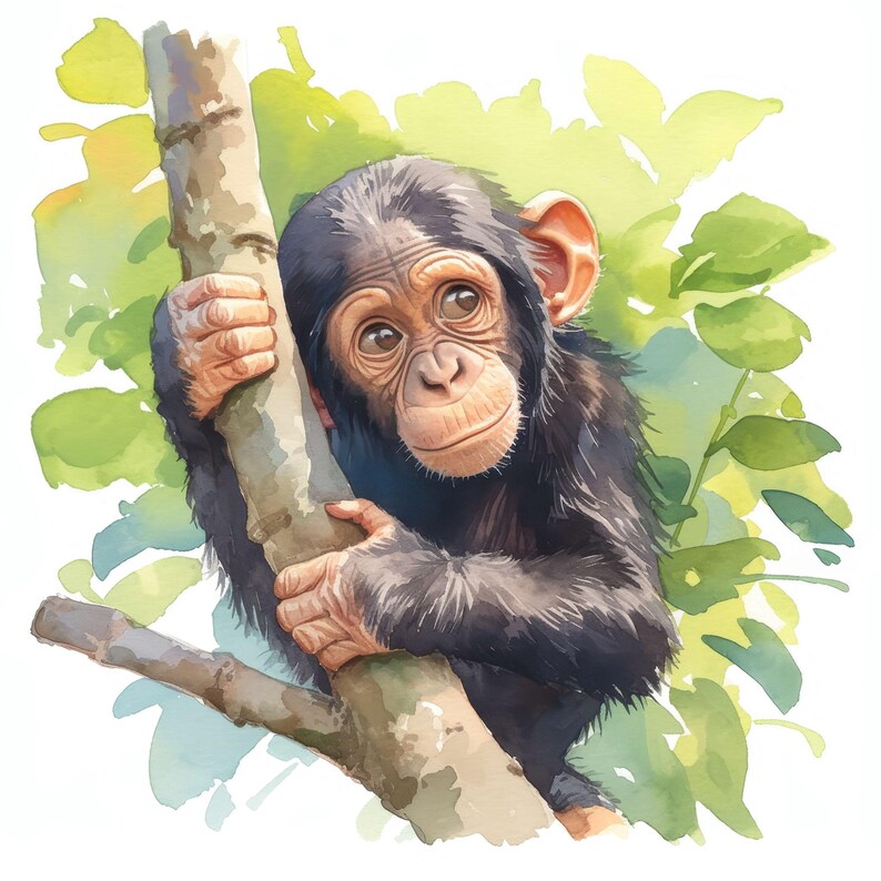 12 Cute Monkey Clipart Set, Printable Watercolor Little Chimp Clipart ...